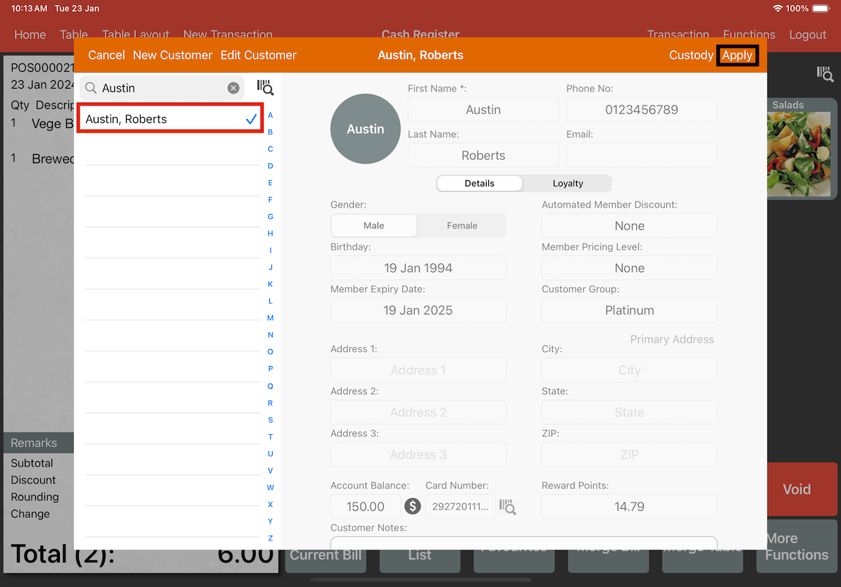 Assigning Customer to Order | MobiPOS