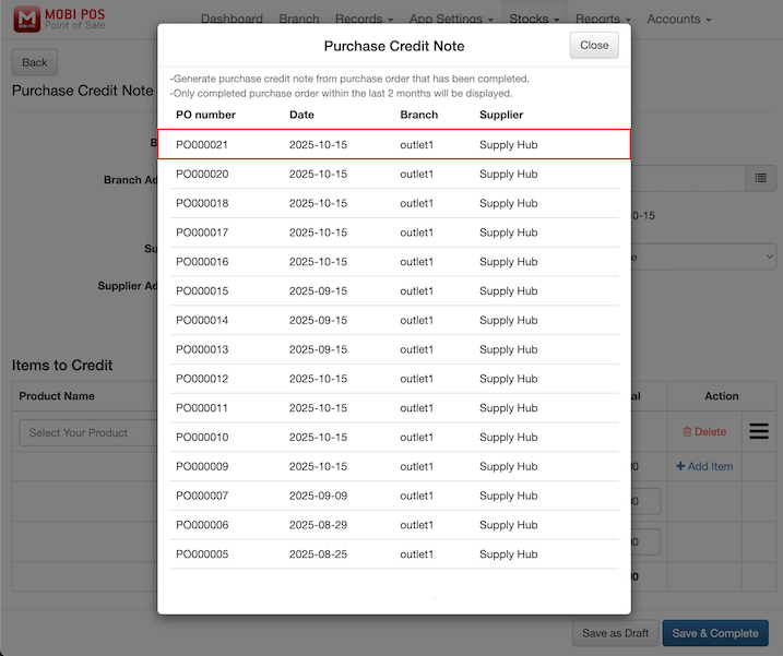 Purchase Order Credit Note | MobiPOS