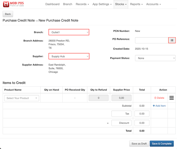 Purchase Order Credit Note | MobiPOS